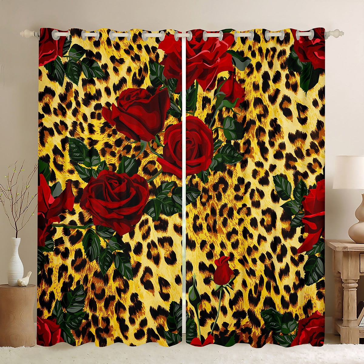 Red Rose Floral Curtains & Drapes for Women Brown Leopard Print 30%-50% ...