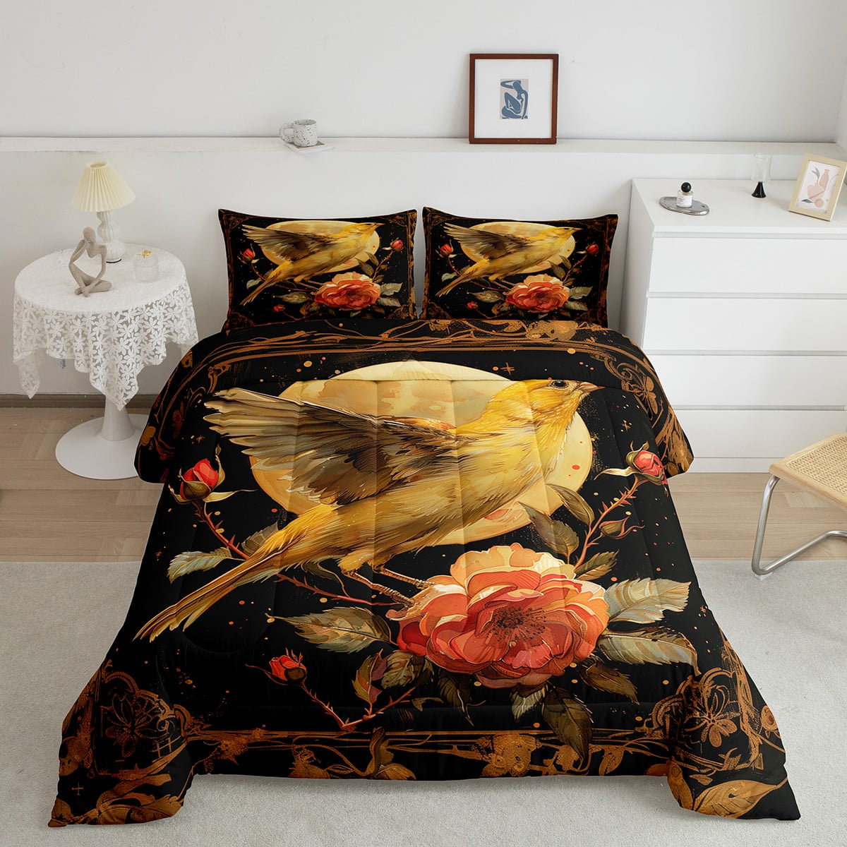 Red Rose Floral Full Comforter Set,Vintage Flower Bird Bedding Set ...