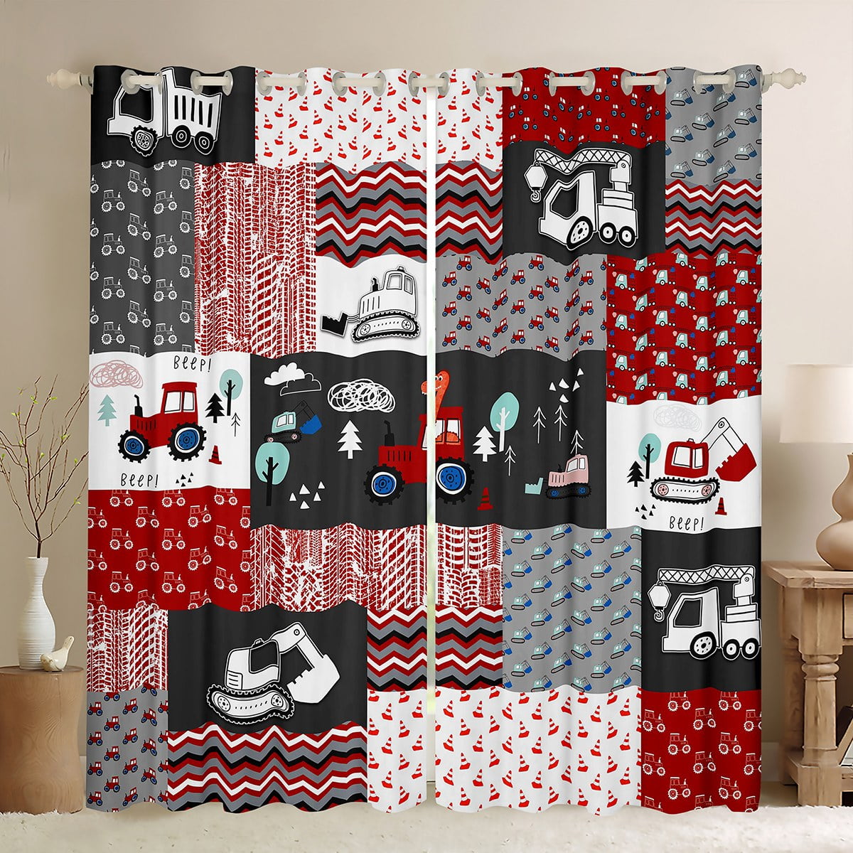 Red Tractor Window Curtains 42"Wx90"L Bedroom Cartoon Dinosaur 30%-50% ...