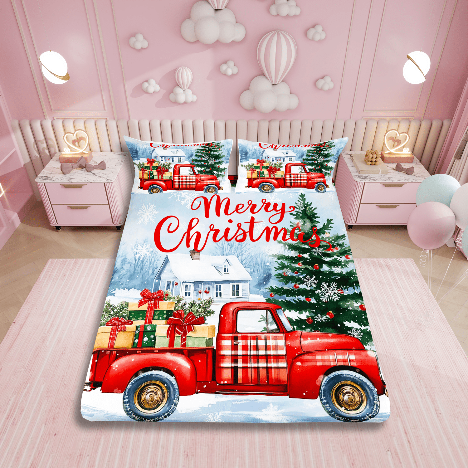 YST Red Truck Christmas Bed Sheets Set for Kids Teens Adults, Merry ...