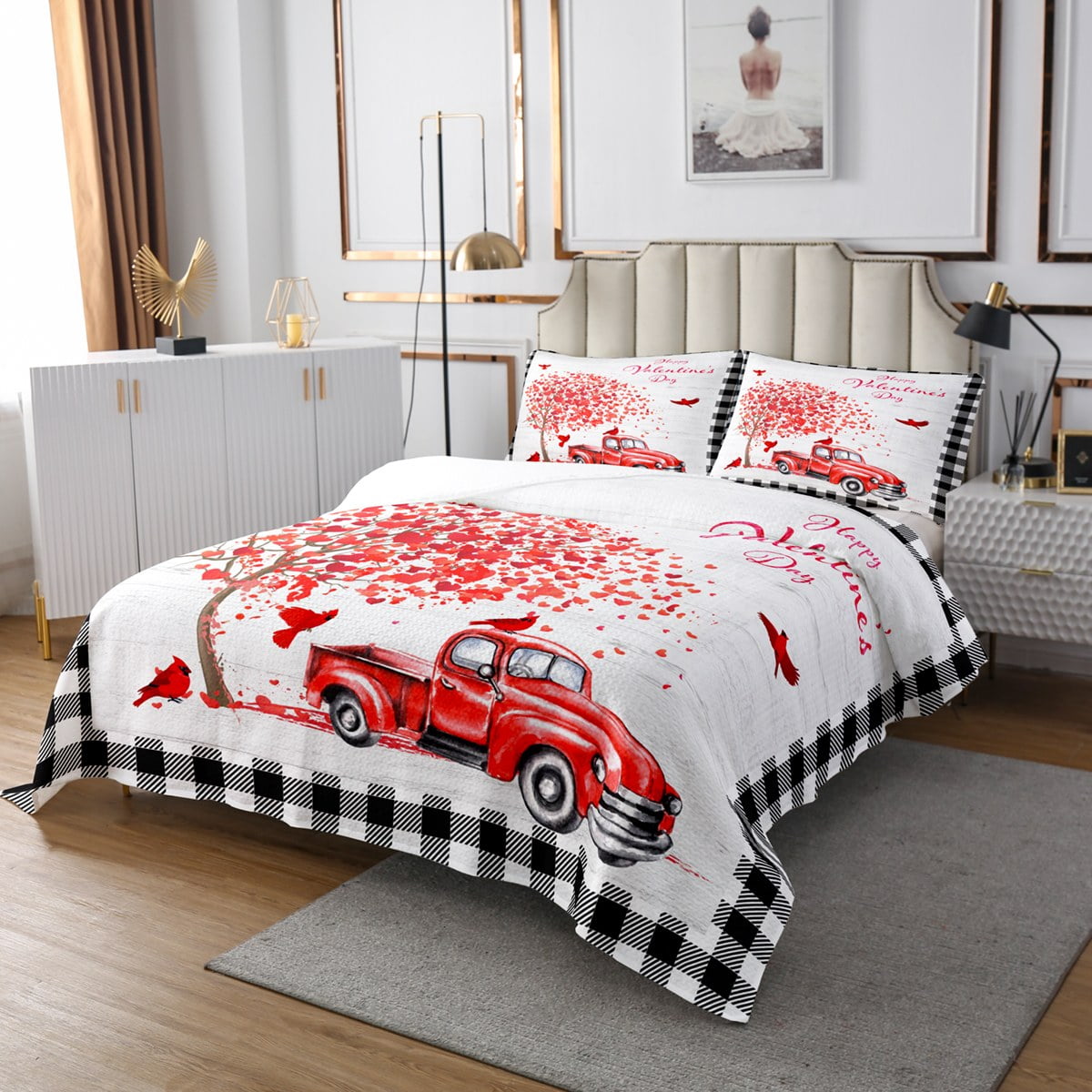 YST Red Truck Quilt Set Valentines Day Coverlet Set Twin Romantic Couples Bedspread Set ...