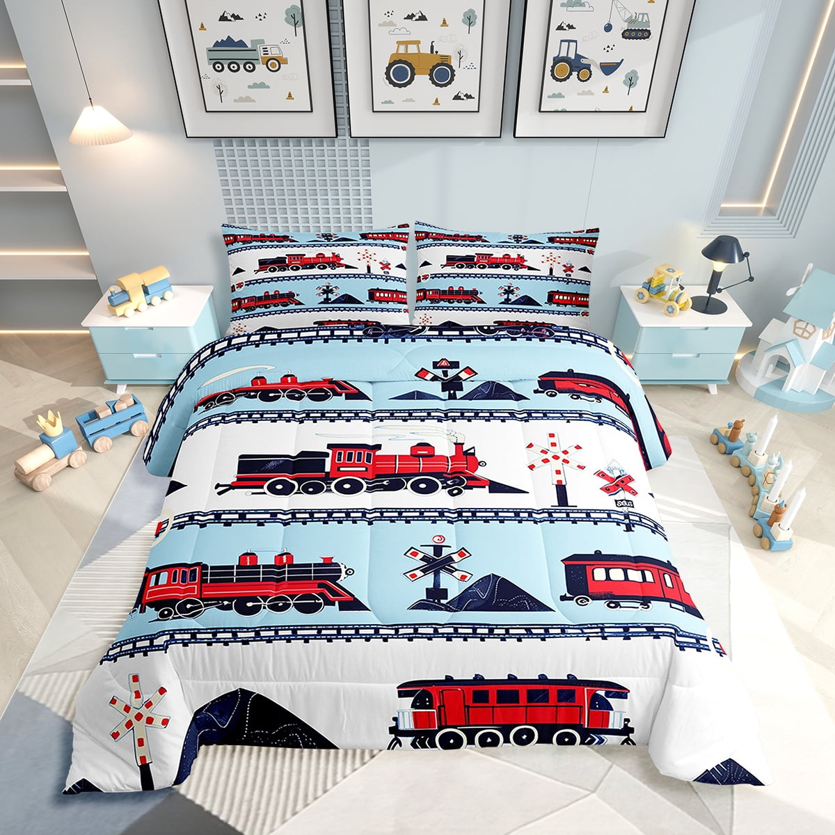Red White And Blue Train Comforter Set Cartoon Train Railroad Tracks ...