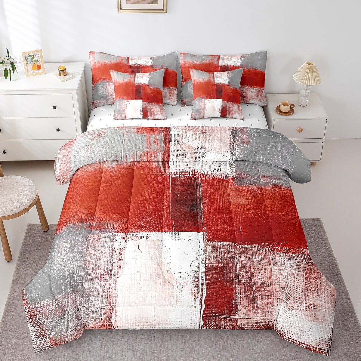 Red White Gray Full Comforter Set 7pcs Aesthetic Bed in a Bag, Modern ...