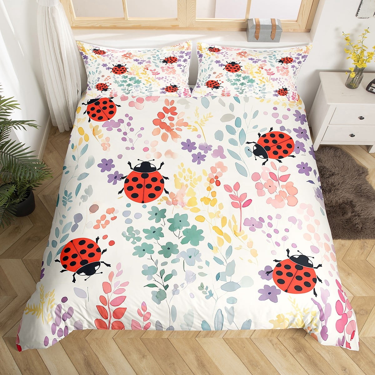 YST Reptile Ladybug Queen Duvet Cover,Cute Floral Ladybug Bedding Set ...
