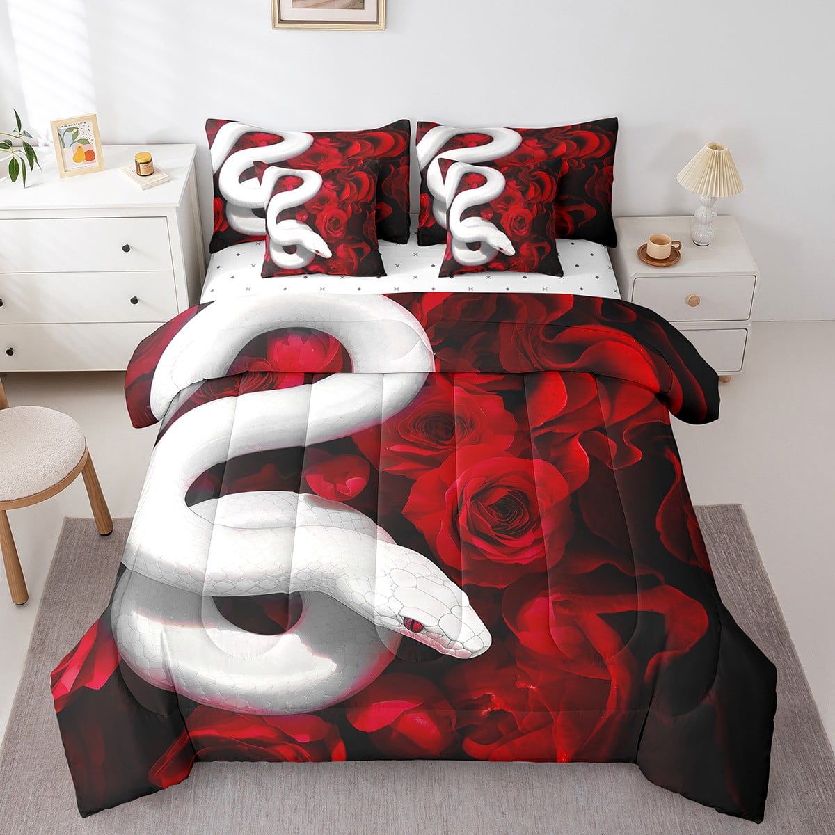 Reptile Snake Print Comforter Set Full 7 Piece Red Rose Flower Bed in a ...