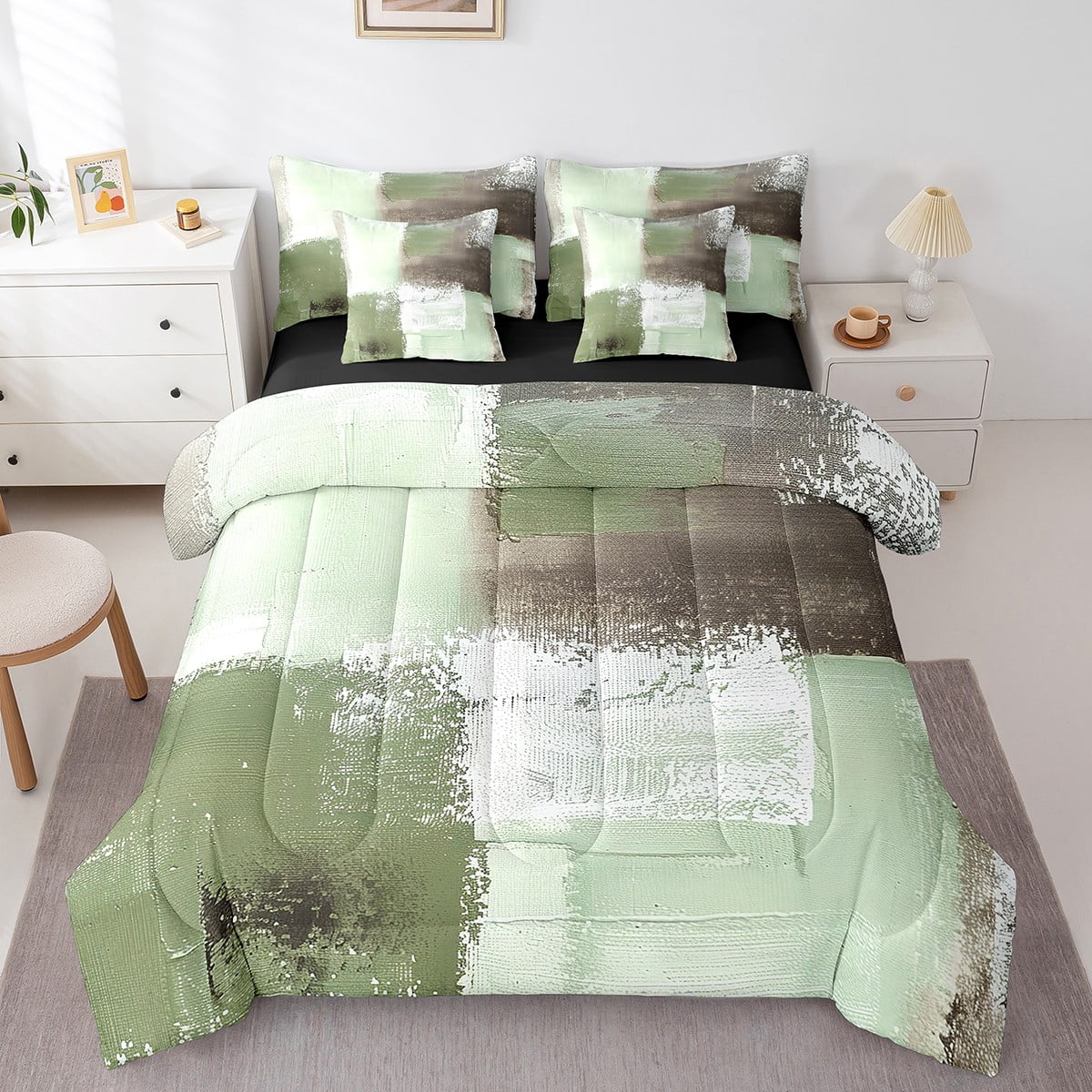 Reseda Green Brown Watercolor Bedding Comforter Sets 7-Piece with Flat ...