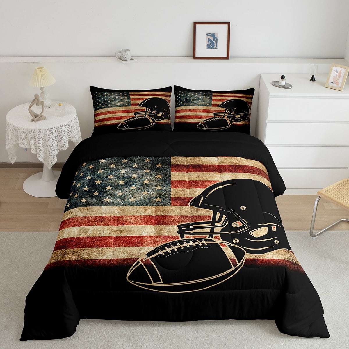 Retro American Flag Bedding Set Twin Black Football Comforter Set ...