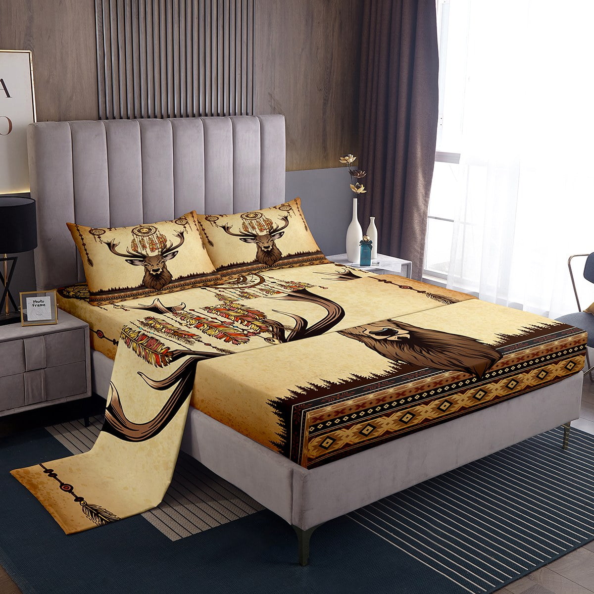 YST Retro Antler Queen Bed Set Woodland Hunting Deer Elk Moose Bed ...