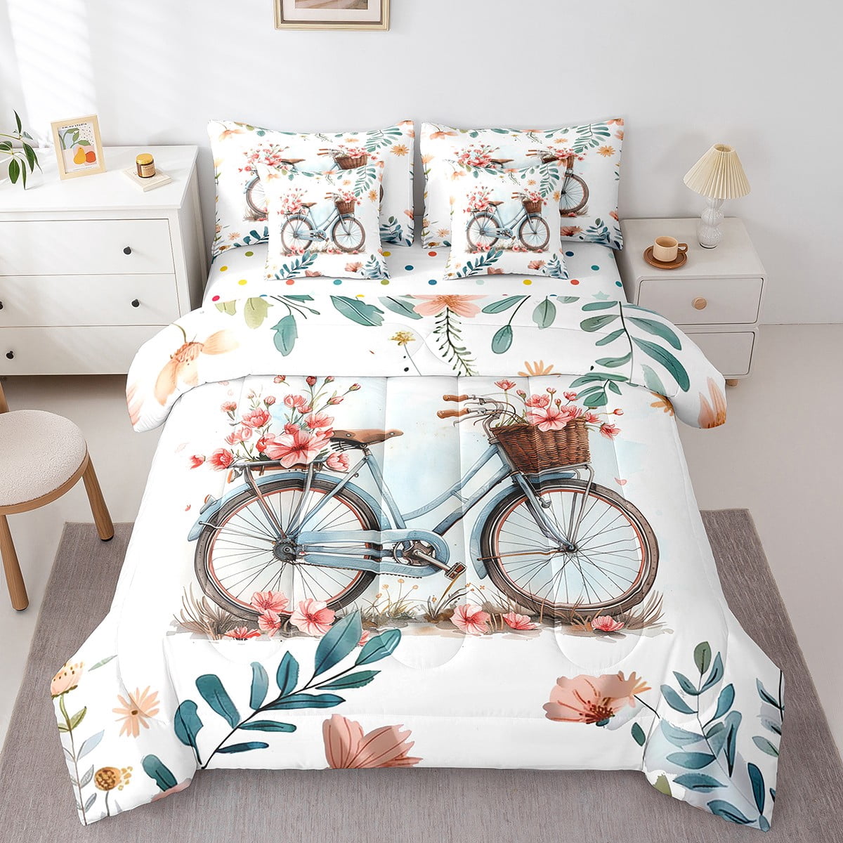 YST Retro Bicycle Bedding Twin Size 7pcs, Flowers Bike Printed ...