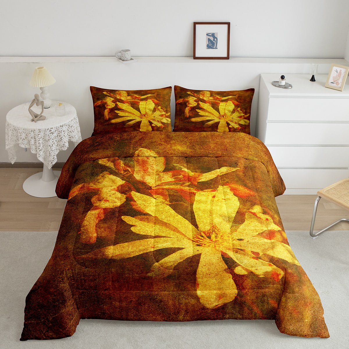 YST Retro Brown Bedding Set Queen Vintage Floral Comforter Set, Brown ...