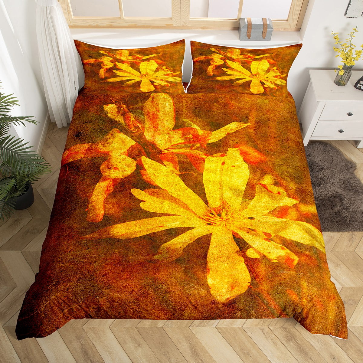 YST Retro Brown Comforter Cover Vintage Floral Bed Set, Brown ...