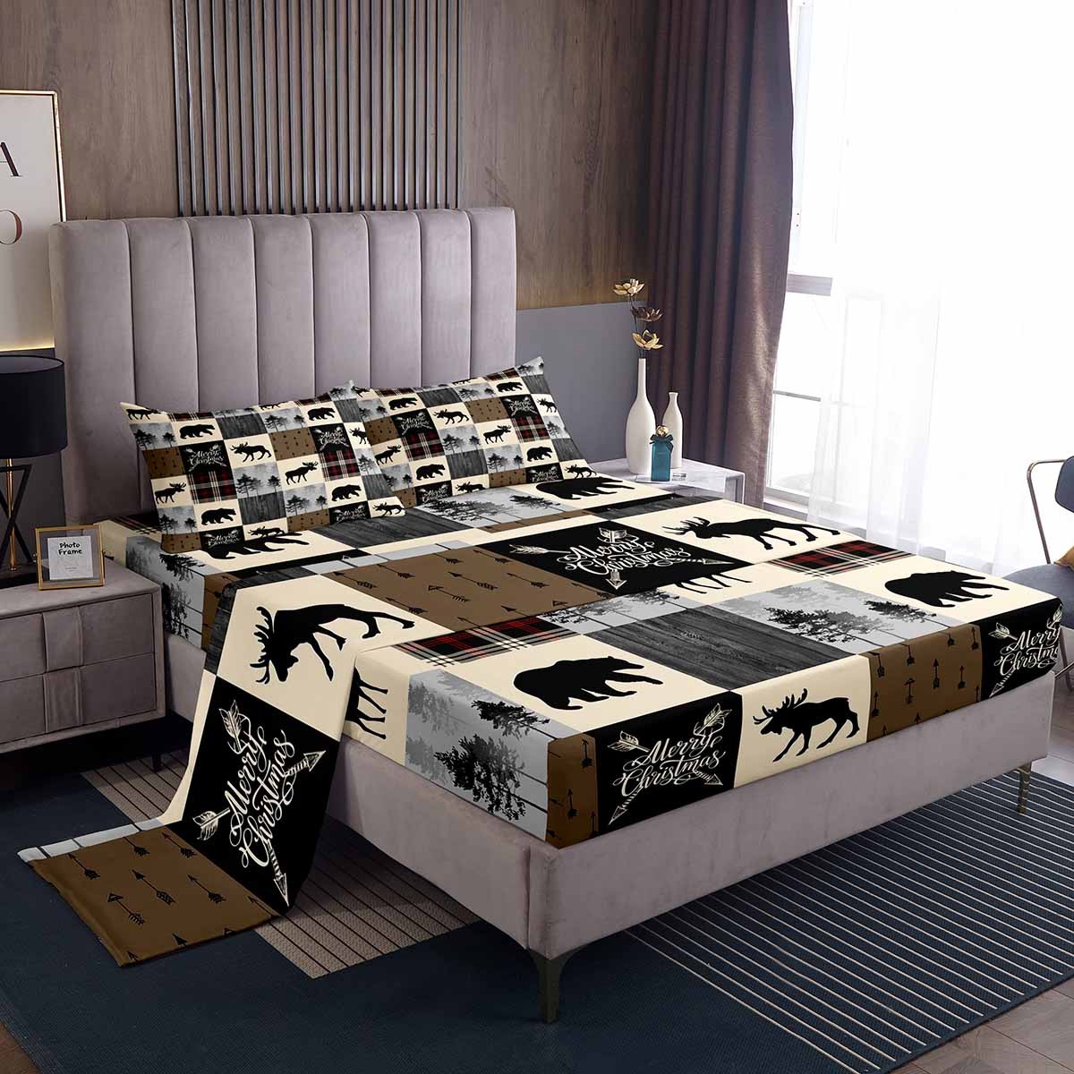 YST Retro Cabin Decor Bed Sheets Rustic Moose Bear Fitted Sheet Hunting ...