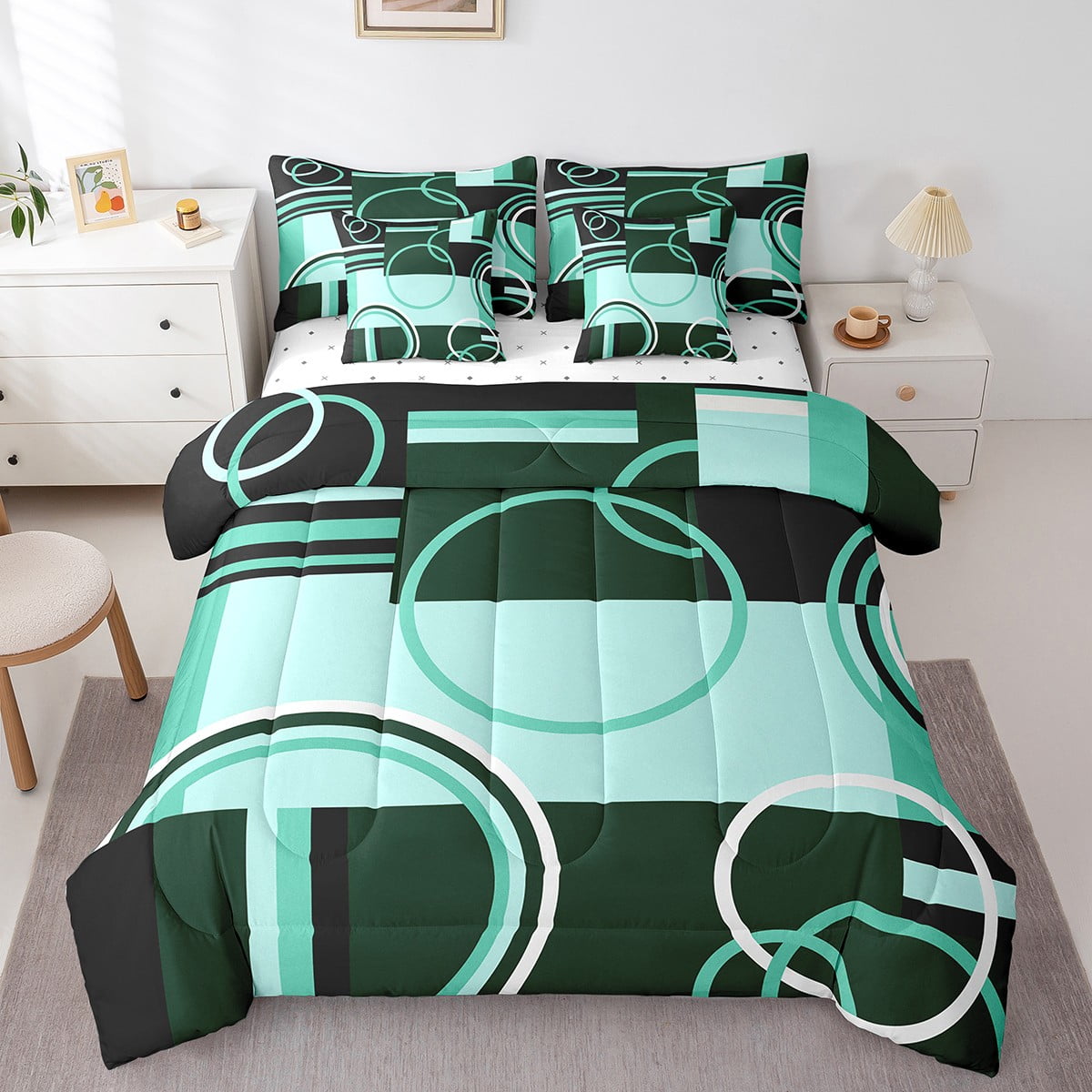 Erosebridal Retro Green Grey Black Comforter Set 7 Piece Queen Geometry ...