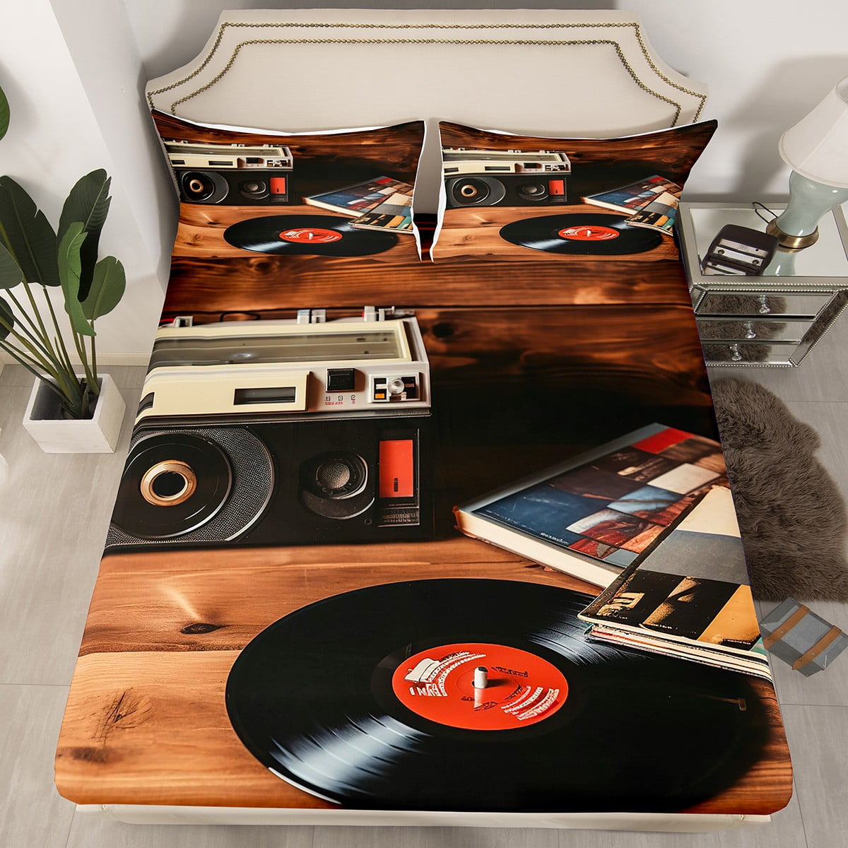 YST Retro Music Fitted Sheet Cassette Recore Box Tape Bed Sheets for ...