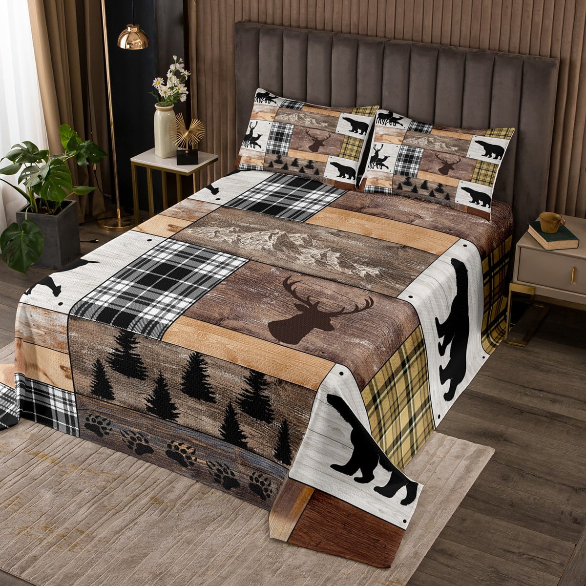 YST Retro Rustic Cabin Quilt Set, Bear Deer Elk Moose Coverlet Set Queen Size, Rustic Farmhouse ...
