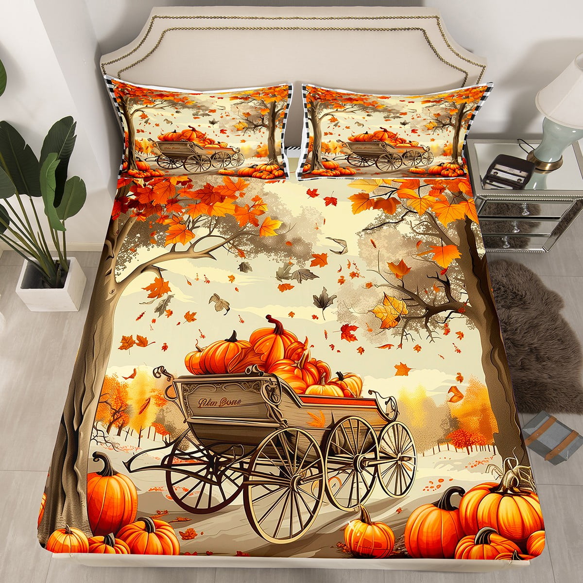 YST Retro Rustic Fall Fitted Sheet Twin,Autumn Harvest Pumpkins Bedding ...