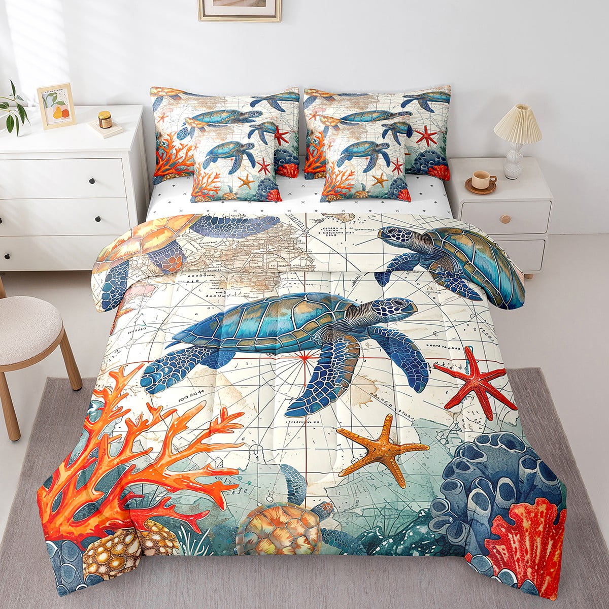 Retro Sea Turtle Bed in A Bag 7 Piece,Coastal Tortoise Comforter Set ...