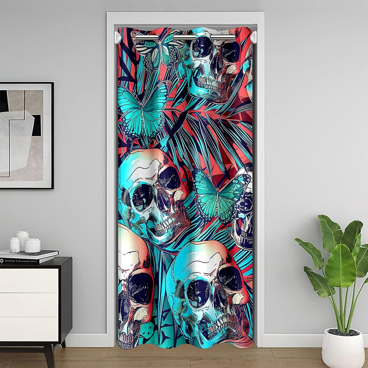 YST Retro Skull Door Curtain For Doorway Privacy,Flying Butterfly ...