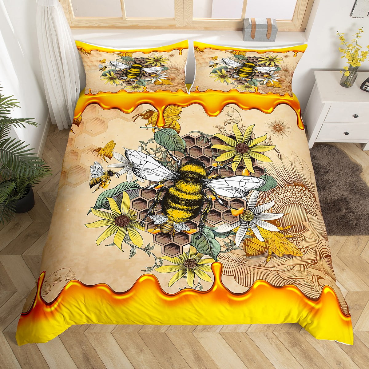YST Retro Vintage Comforter Cover Wild Honey Bee Bed Set, Chic Yellow ...