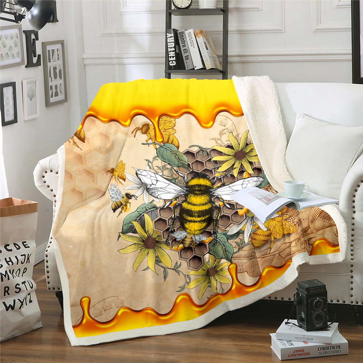 YST Retro Vintage Sherpa Blanket Wild Honey Bee Blanket, Chic Yellow ...