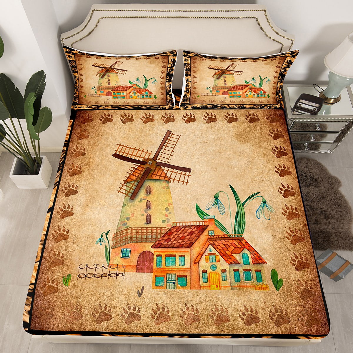 YST Retro Windmill Bed Sheets Brown Cow Print Fitted Sheet Full Size ...
