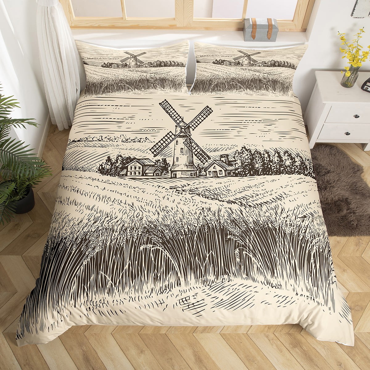 YST Retro Windmill Bedding Sets Queen Meadow Haystack Comforter Cover, Hand Drawn Sketch Bed Set ...