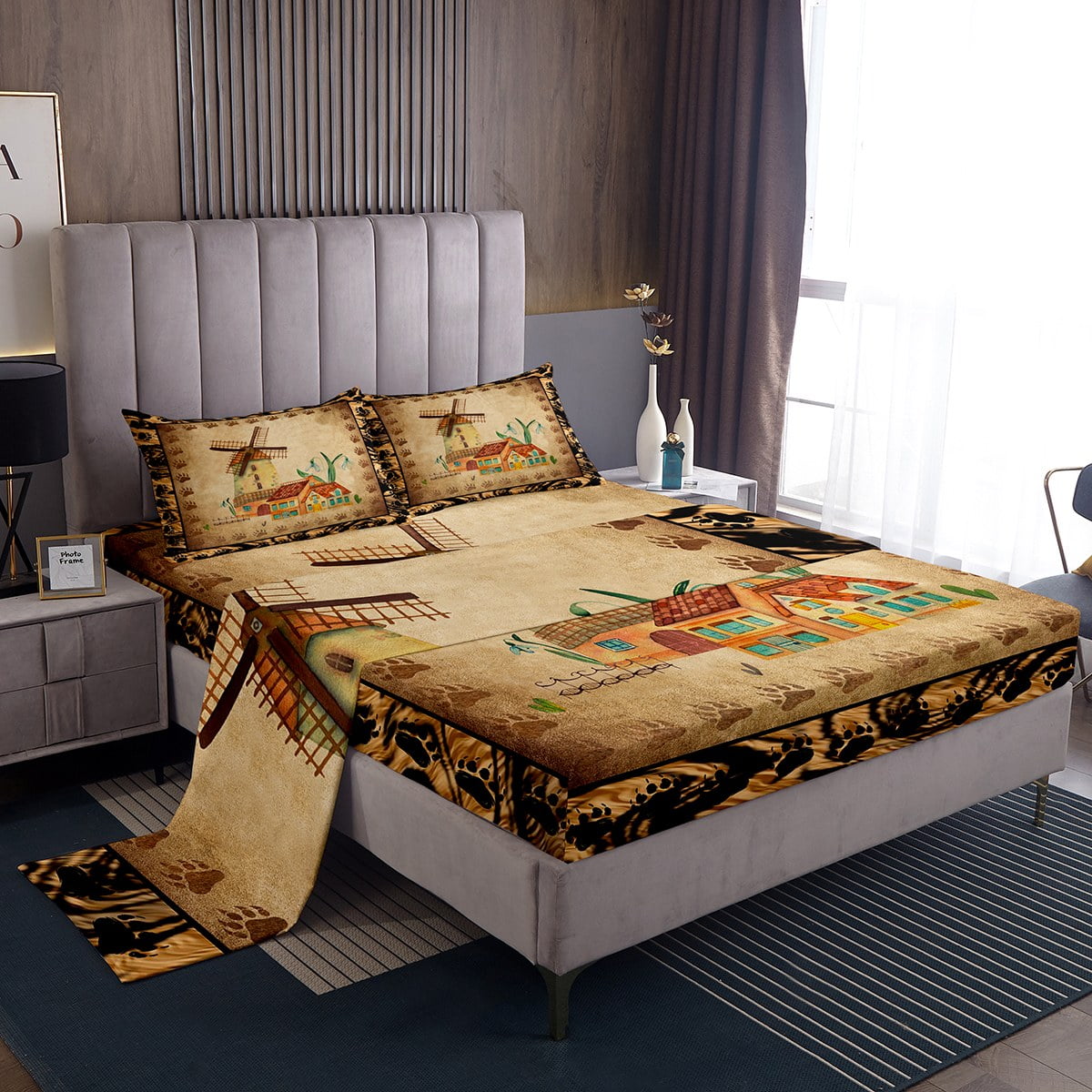 Erosebridal Retro Windmill King Sheets Brown Cow Fur Print Bed Set ...