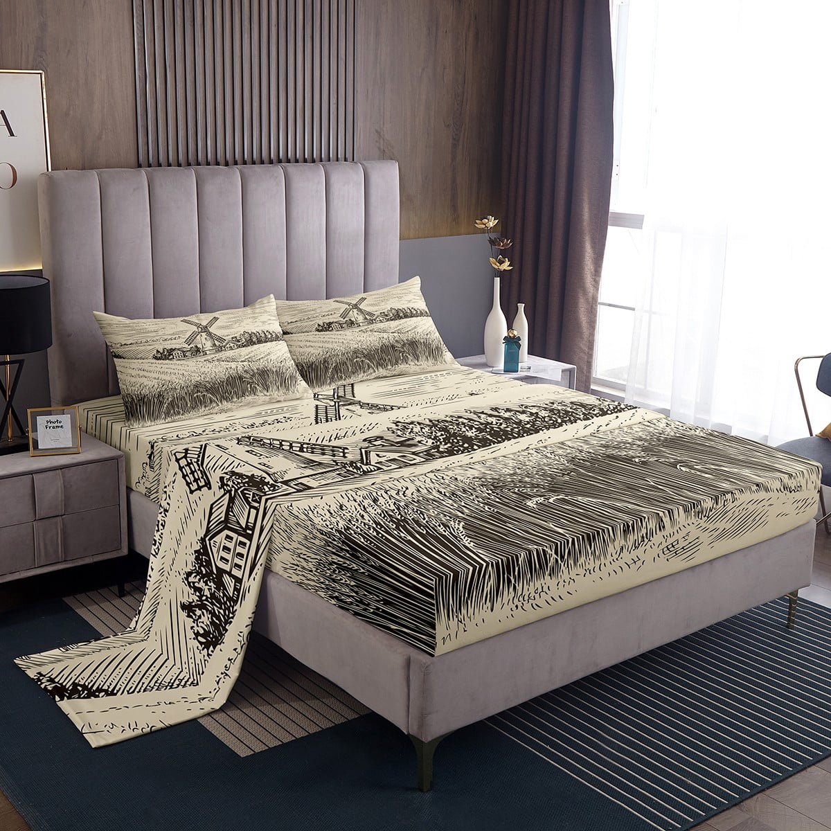 Retro Windmill Twin Sheets Meadow Haystack Bed Set, Hand Drawn Sketch ...