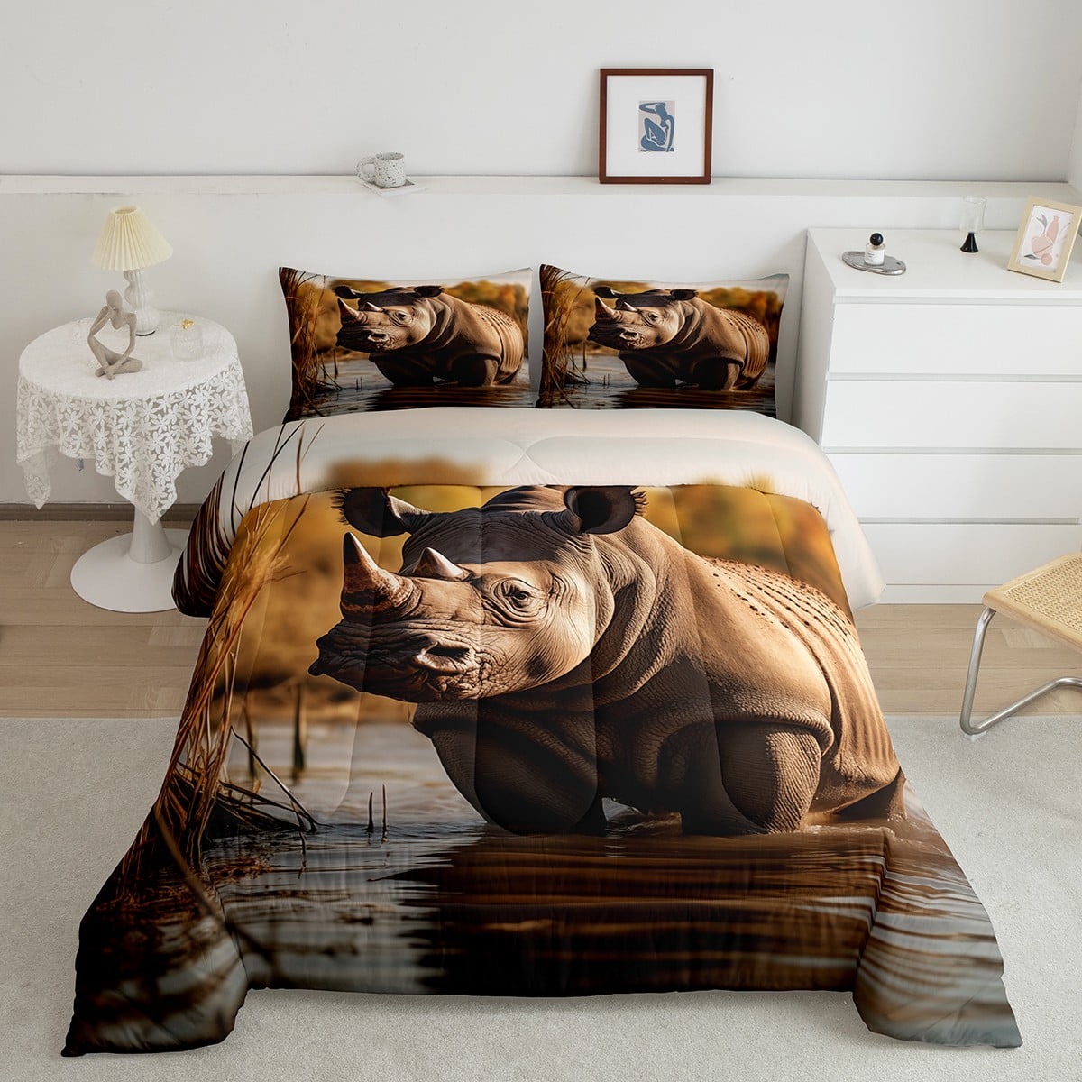 Rhinoceros Comforter Set Queen Size, African Safari Animal Bedding Set ...