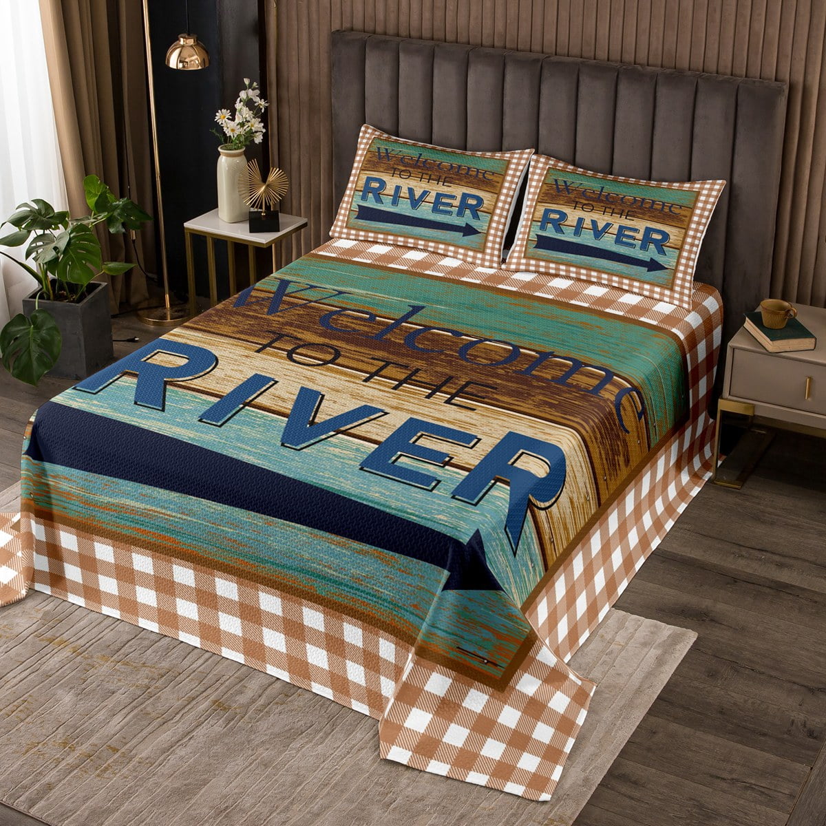 River Lake House King Quilt Set Rustic Lodge Cabin Coverlet Set, Retro ...
