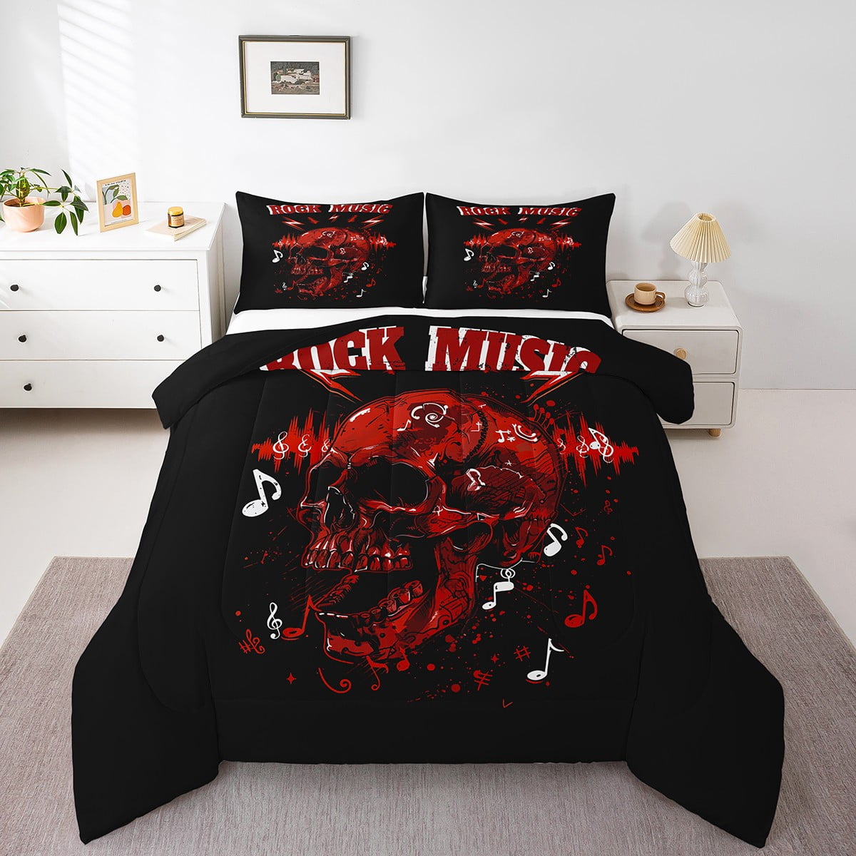 Rock Roll Skull Comforter Set Full Size, Halloween Music Bedding ...