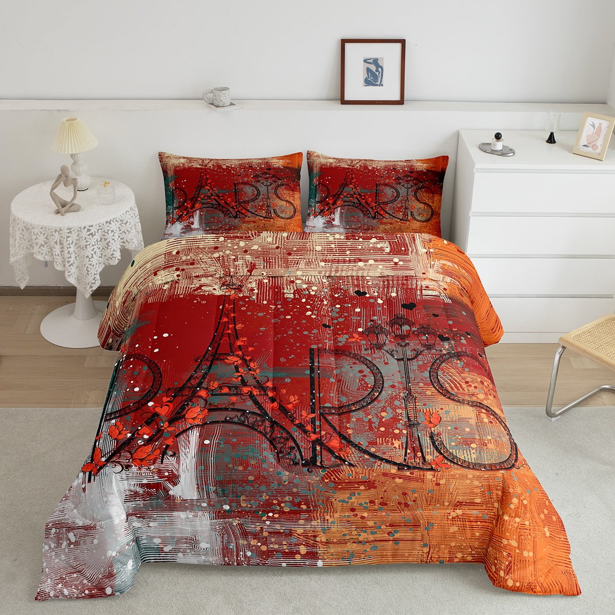 YST Romantic Eiffel Tower Bedding Full Retro Grunge Comforter Set, Red ...