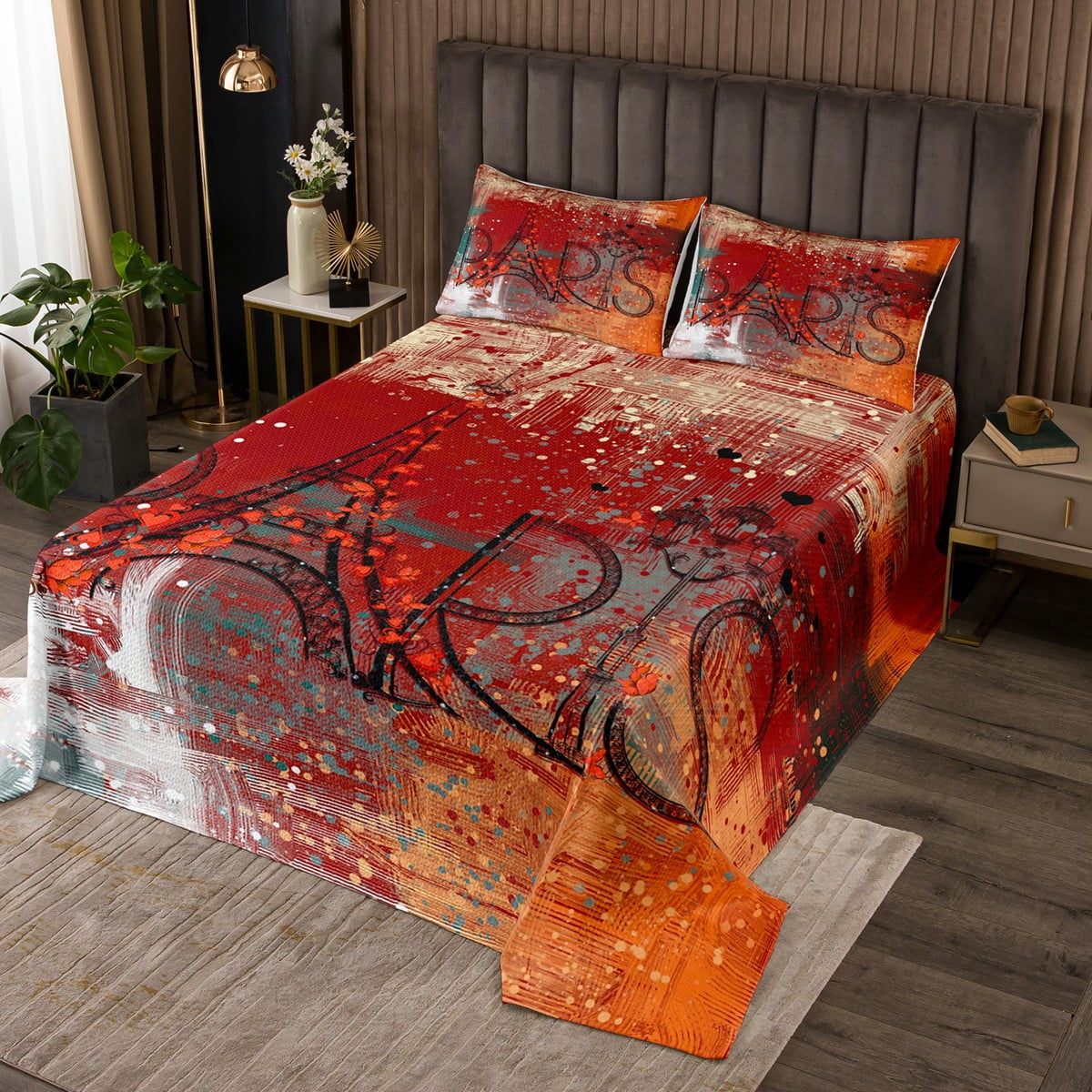 YST Romantic Eiffel Tower Coverlet King Size Retro Grunge Bedding Set ...