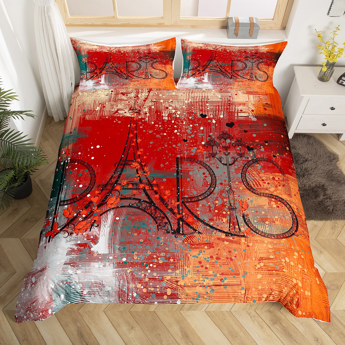 YST Romantic Eiffel Tower Duvet Cover King Retro Grunge Bedding Set ...