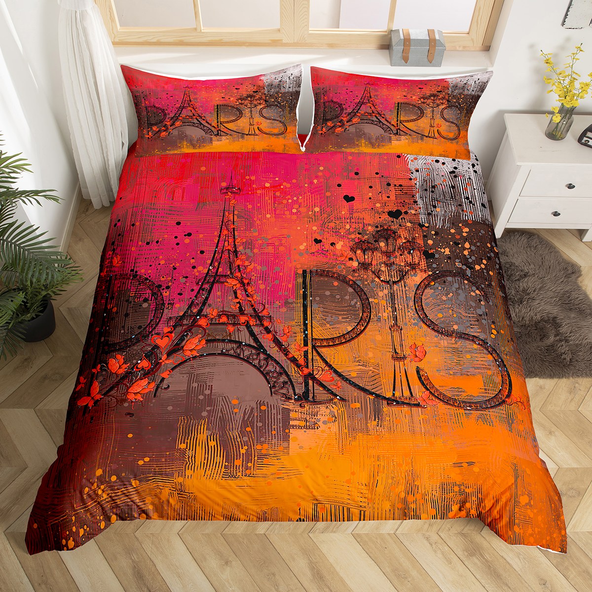YST Romantic Paris Bed Set Eiffel Tower Duvet Cover, Grunge Red Bedding ...