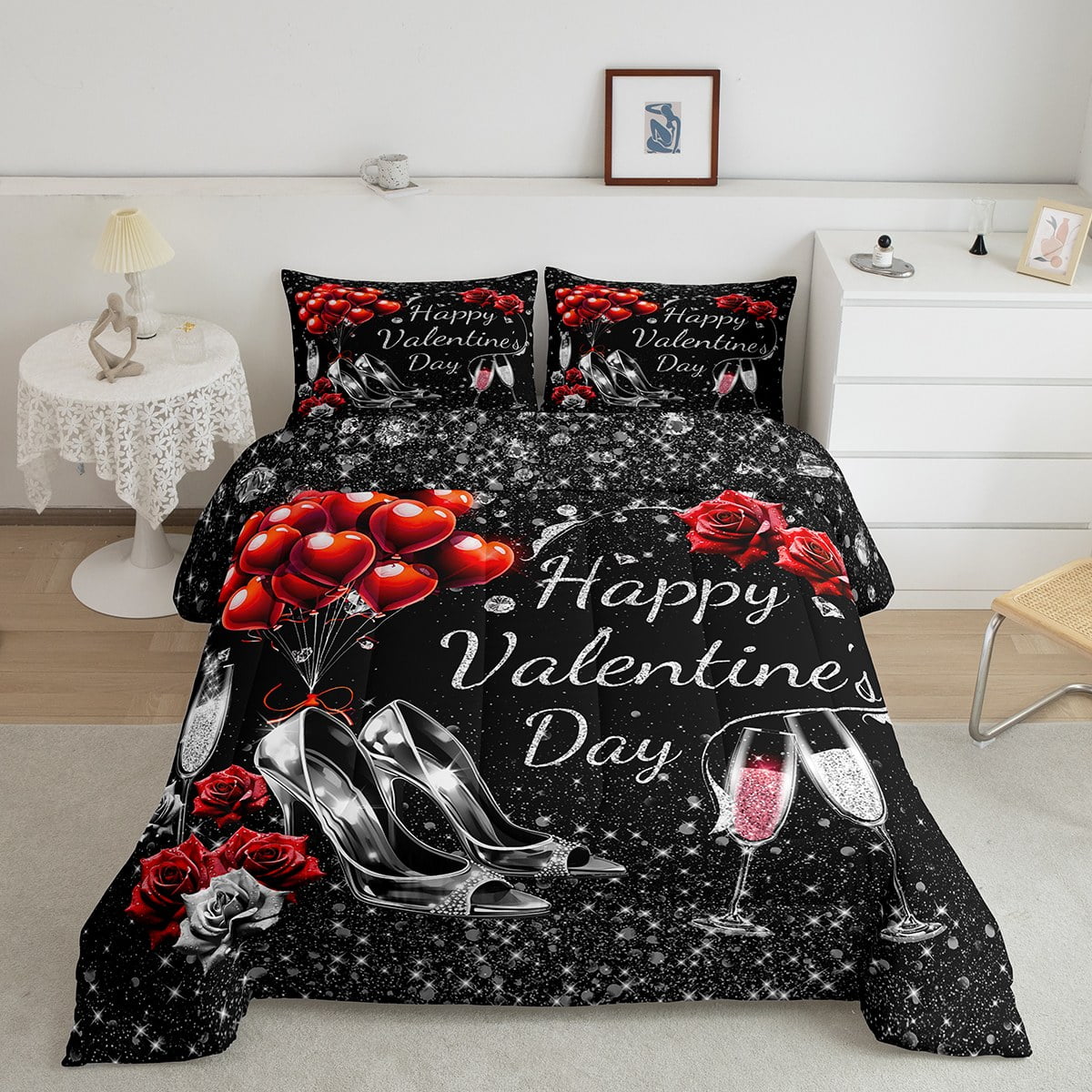 Erosebridal Romantic Rose Comforter Set Full,Red Black Valentine'S Day ...