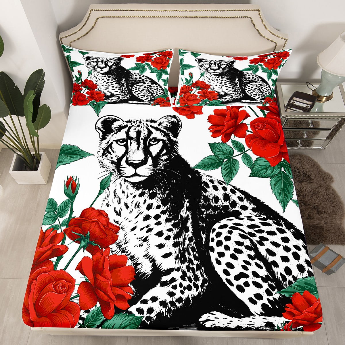 Erosebridal Romantic Rose Fitted Sheet,Leopard Bed Sheets Twin Size ...