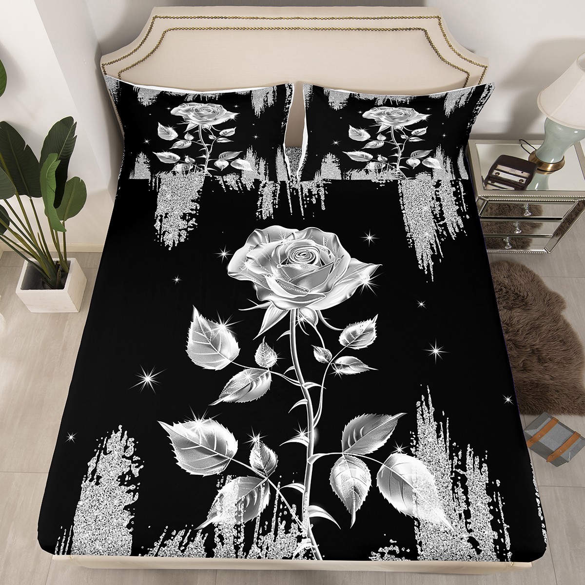 Romantic Rose Fitted Sheet Twin,(Not Real)Silver Sequins Printed Bed ...