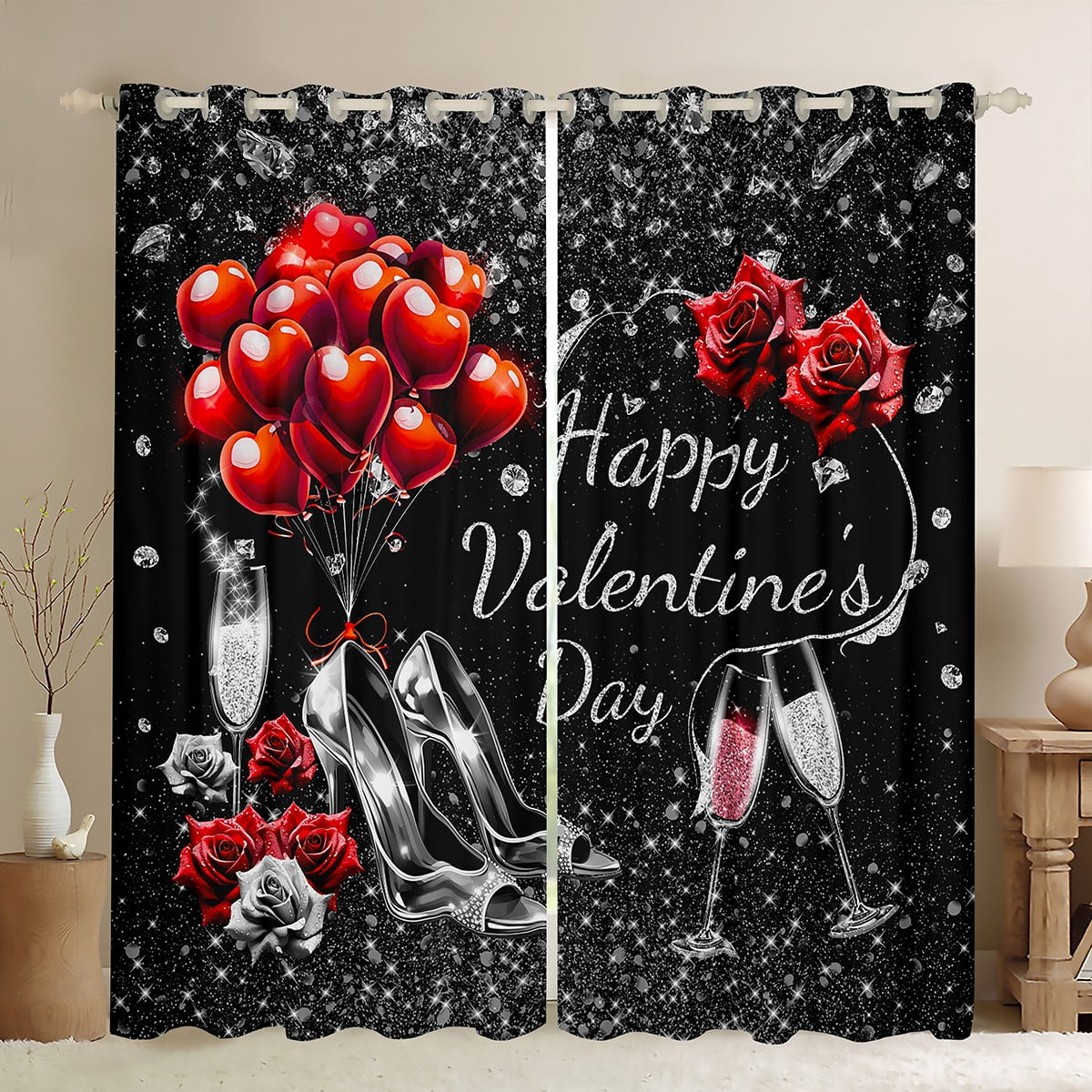 Romantic Rose Window Curtains 52"Wx84"L,Red Black Valentine'S Day ...