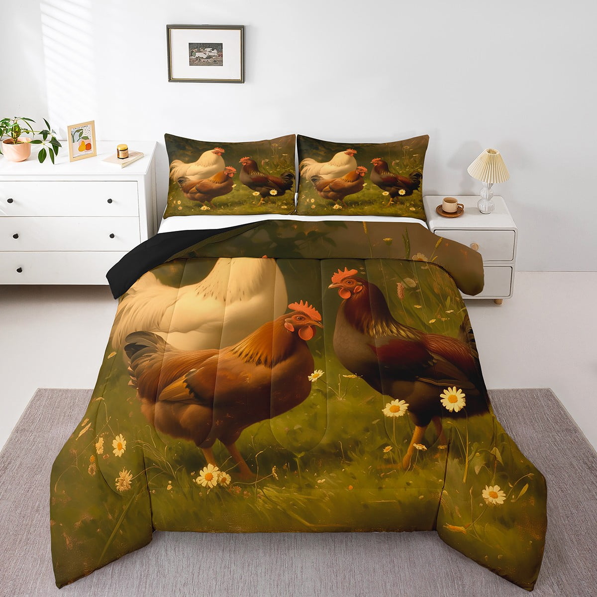 Rooster Hen Queen Size Comforter Set,Farm Animals Chicken Bedding Set ...