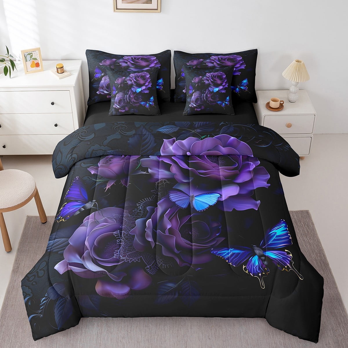 Rose 7 Pcs Comforter Set Full Butterflies Bedding For Adults Women ...