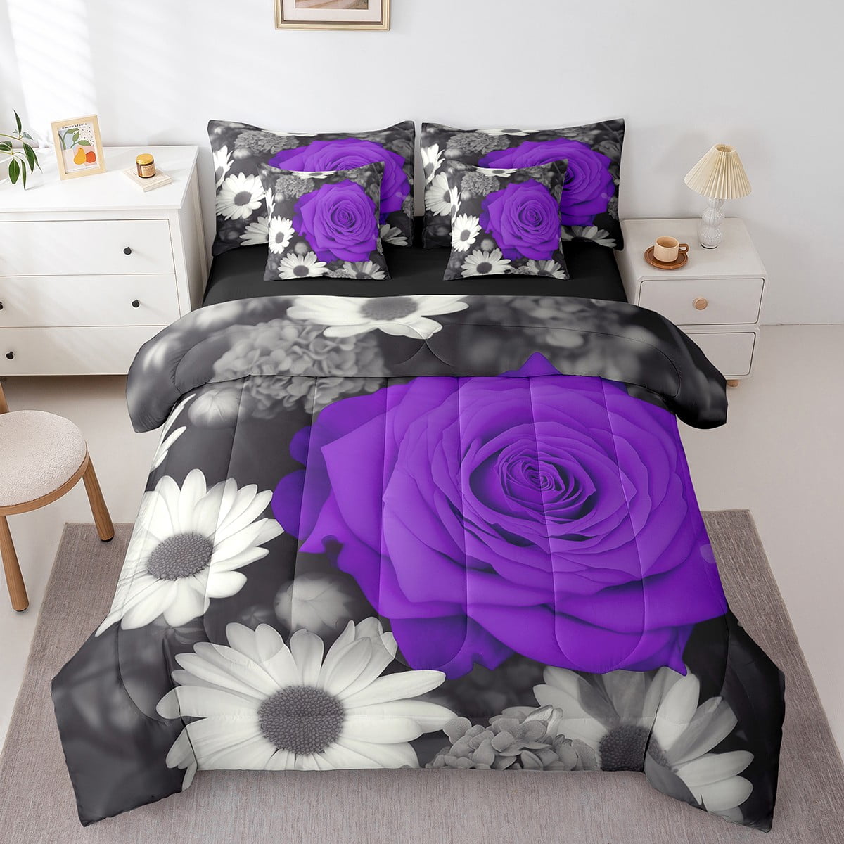 YST Rose 7 Pcs Comforter Set King Size,Purple Rose Floral Bedding Set ...