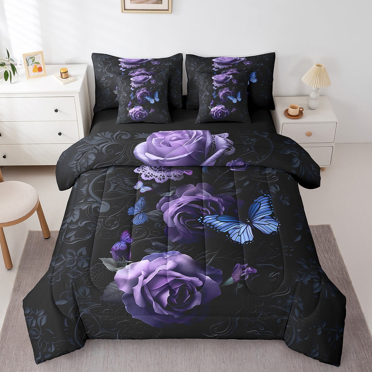 YST Rose 7 Pcs Comforter Set Queen Butterflies Bedding For Woman ...