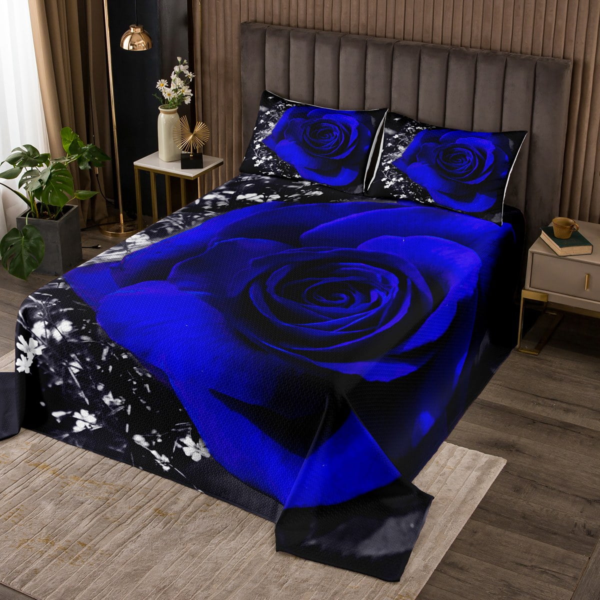 YST Rose Bedspread Set Blue Black Romantic Rose Floral Quilt Set Twin ...