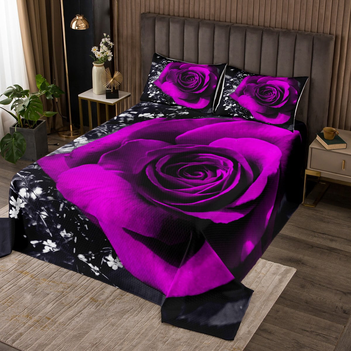 Erosebridal Rose Bedspread Set Purple Black Romantic Flowers Rose Quilt ...