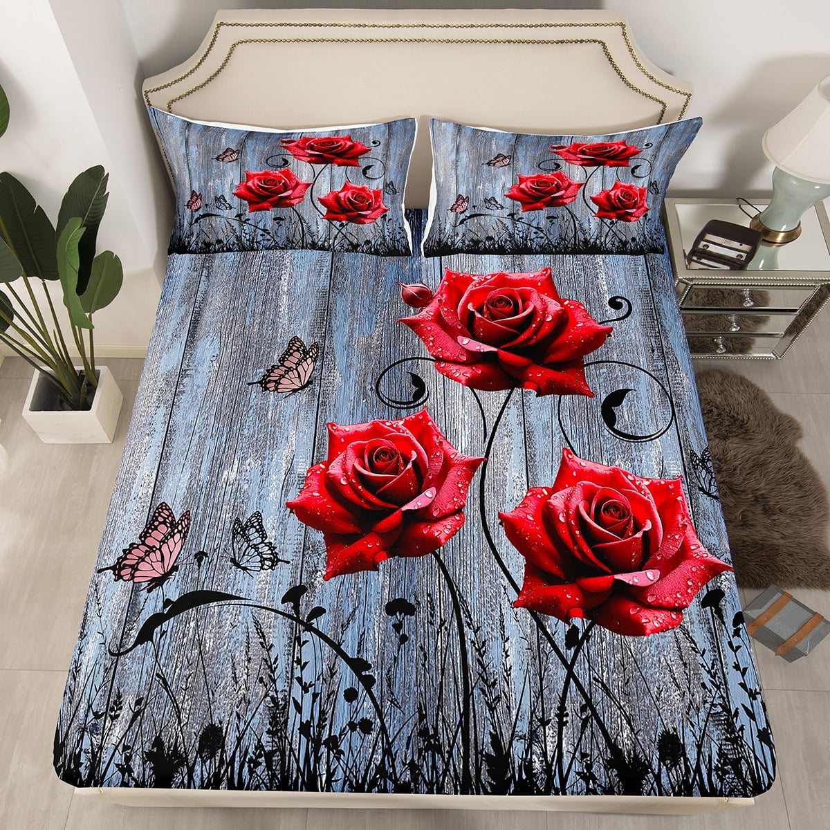 YST Rose Butterfly Fitted Sheet Queen Rustic Red Black Botanical Rose ...