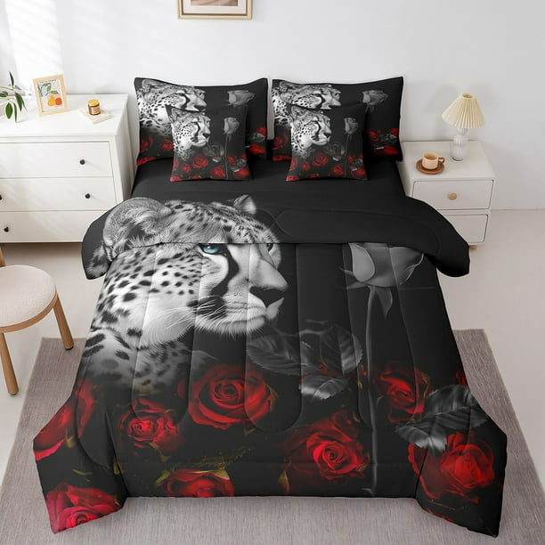 YST Rose Cheetah Bed In A Bag Full Wedding Valentine S Day Comforter Set 7 Piece For Kids Adults Black White Leopard Bedding Set Wild Animal Bed