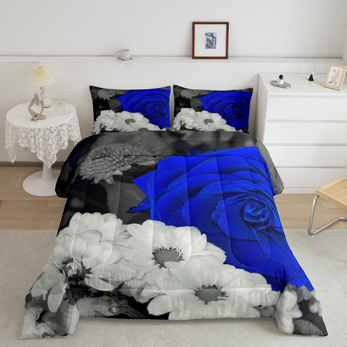 YST Rose Comforter Set King Size, Blue Grey Black Floral Bedding Set ...