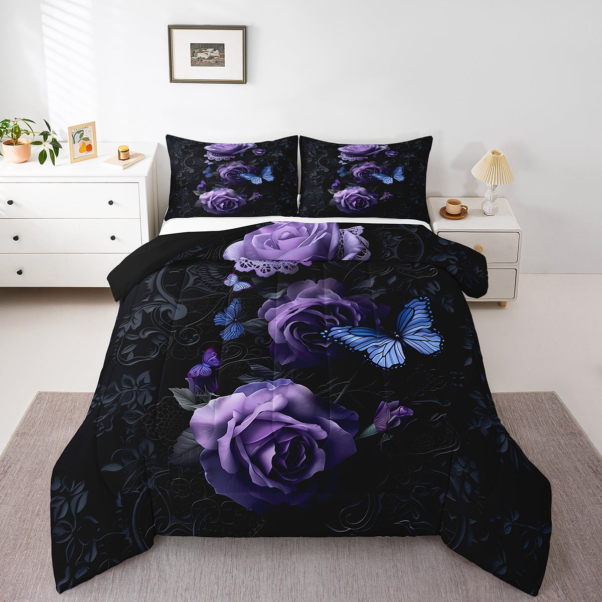 YST Rose Comforter Set Queen Butterflies Bedding For Woman Romantic ...