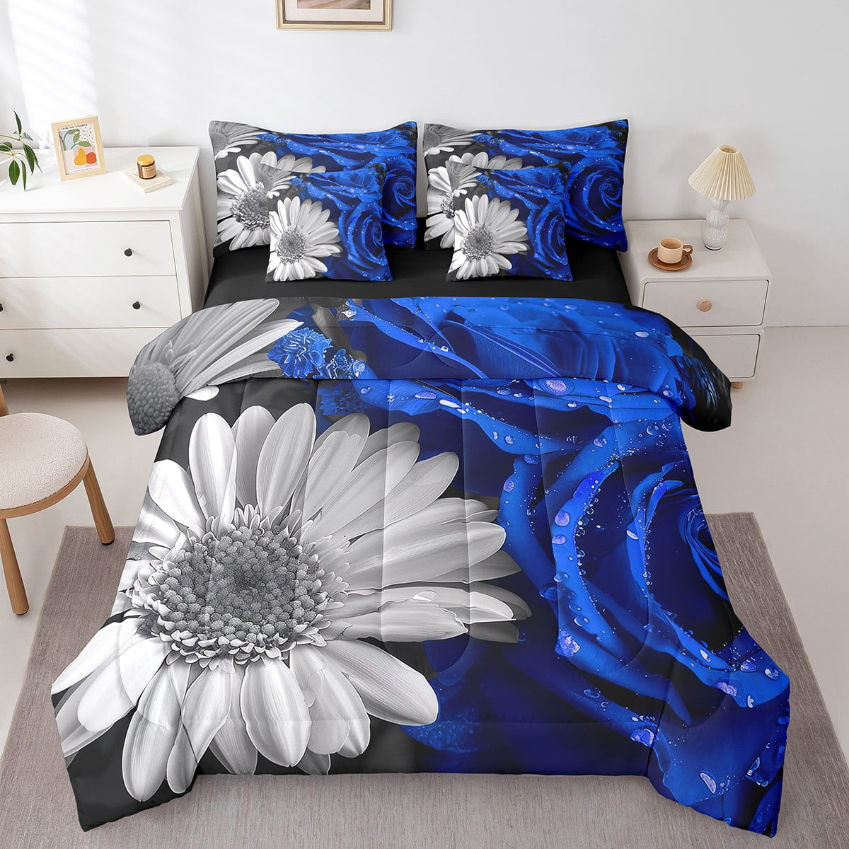 YST Rose Daisy Bedding Set King Size,3D Printed Blue Rose 7 Pcs ...